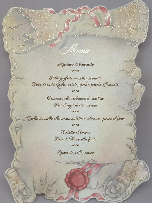 Menu in carta pergamena con rilievi e decori in oro