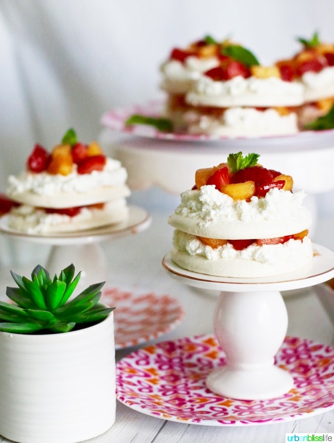 Mini Pavlova Cakes with Strawberries, Peaches, and Cream