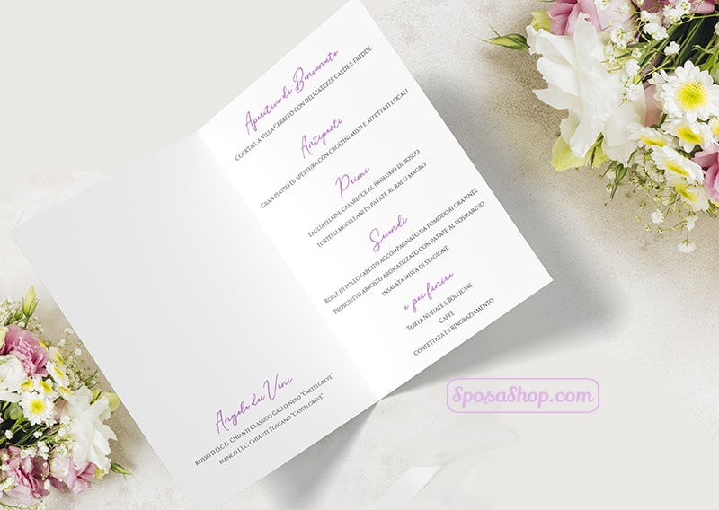 Menu a libro in cartoncino bianco, in carta bianca da 250 grammi.