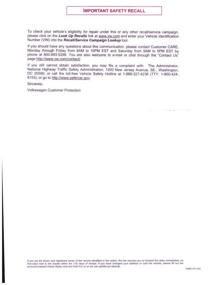 Safety Recall Letter Sent By VW | Diminished Value Car Appraisal