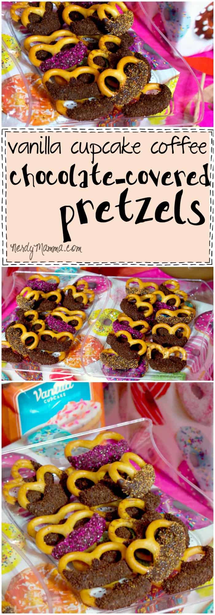 Vanilla Cupcake Coffee Chocolate-Covered Pretzels - Nerdy Mamma