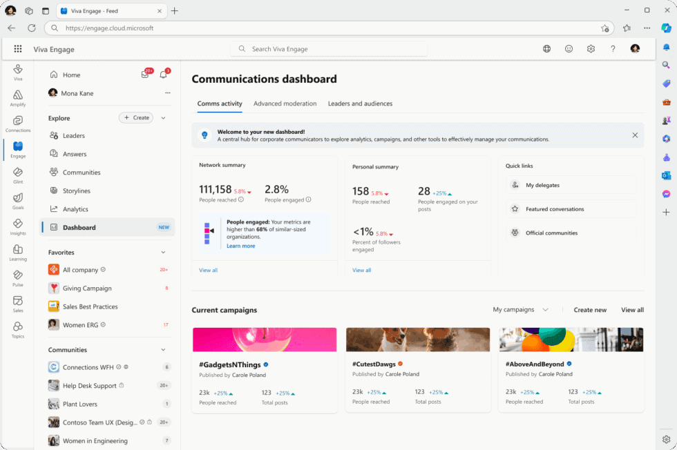 Microsoft Viva Communications Dashboard for Internal Comms