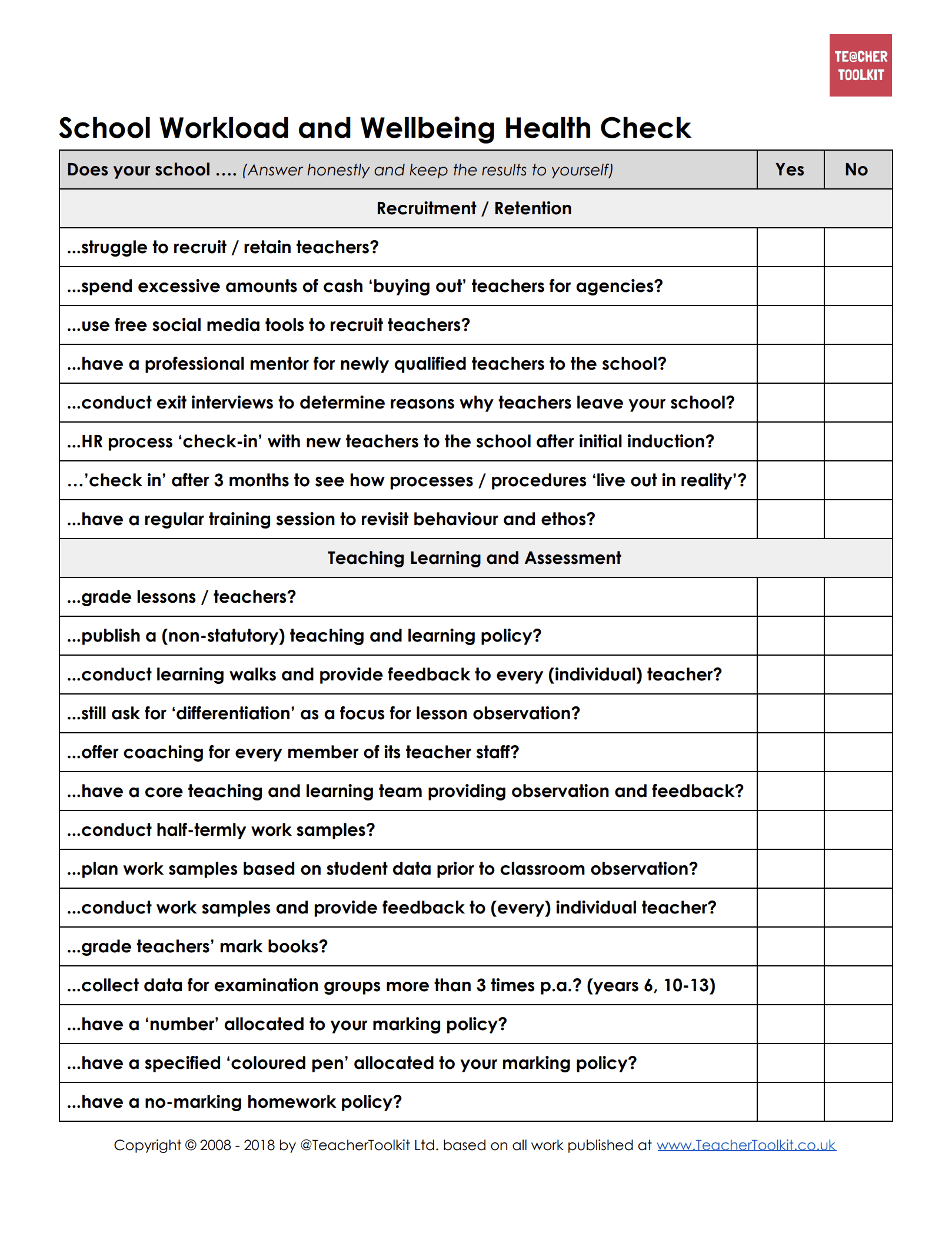 Workload and Wellbeing Checklist - TeacherToolkit