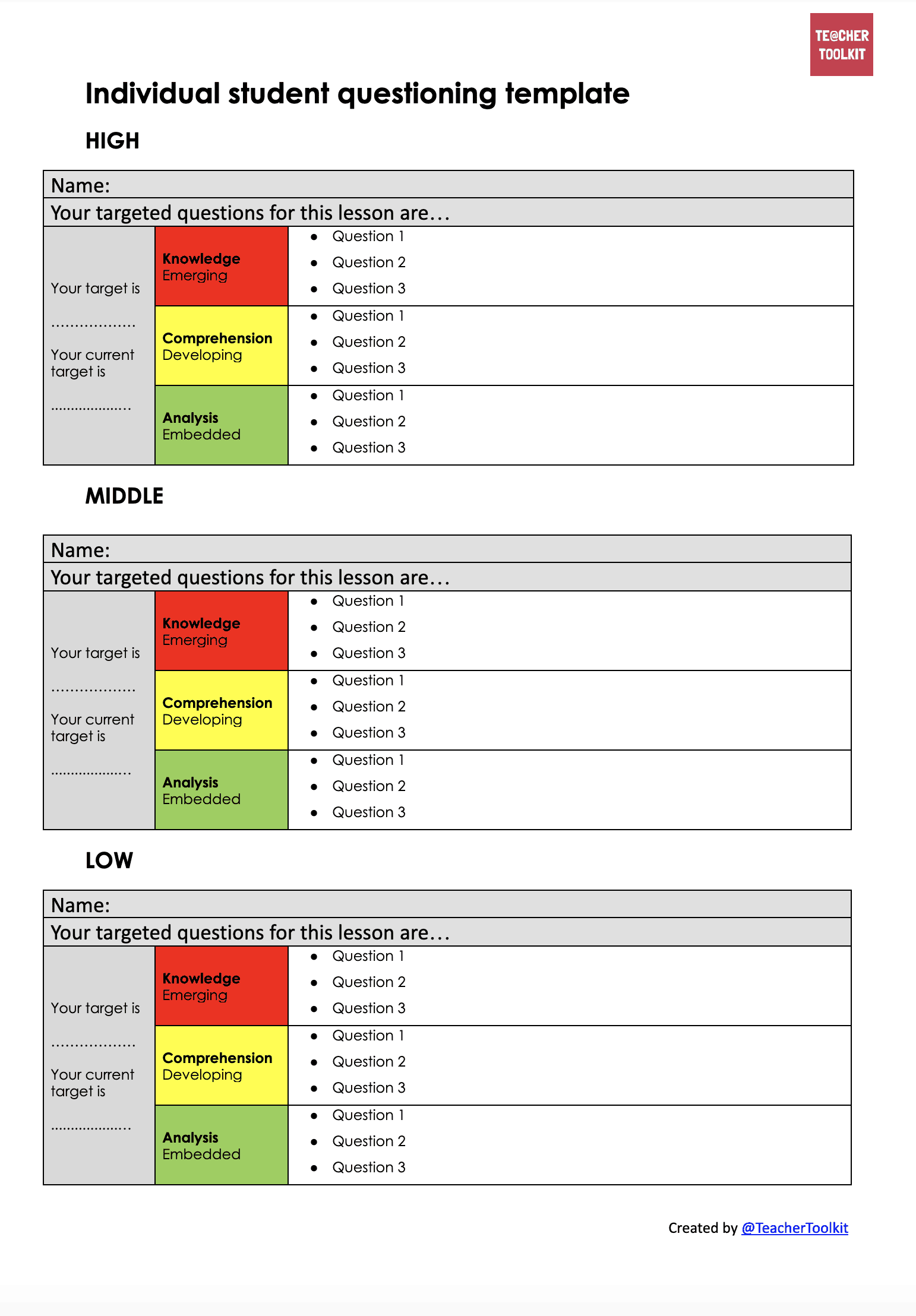 Plan Questions For The Classroom - Questioning Template - TeacherToolkit