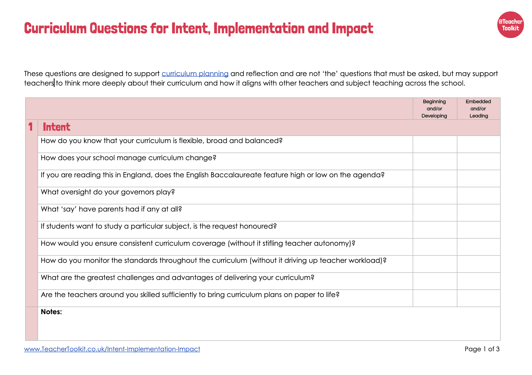Curriculum Planning - TeacherToolkit