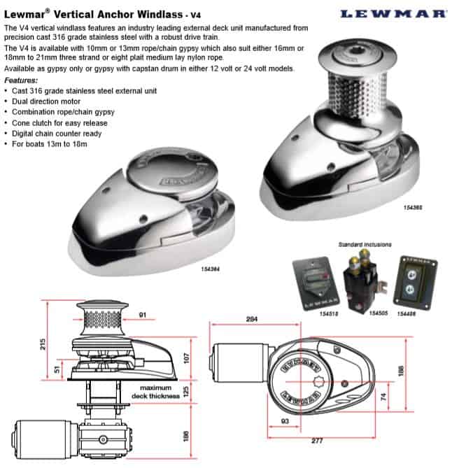 Lewmar Vertical Anchor Windlass - V4 Gypsy Drum 13mm 2000W 24V