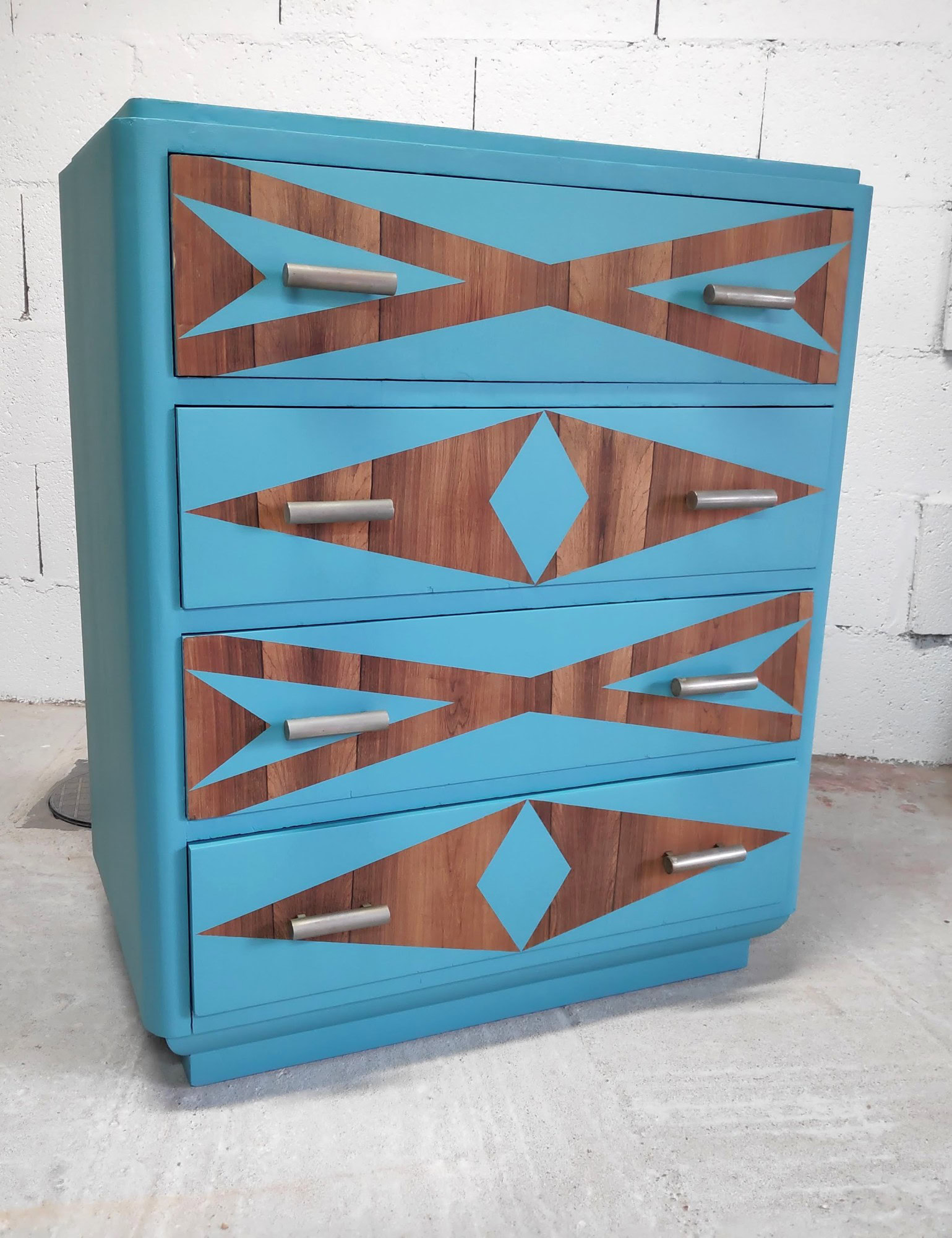 Vintage Dresser Makeover - Blue and Raw Wood Geometric Patterns | Oh My ...