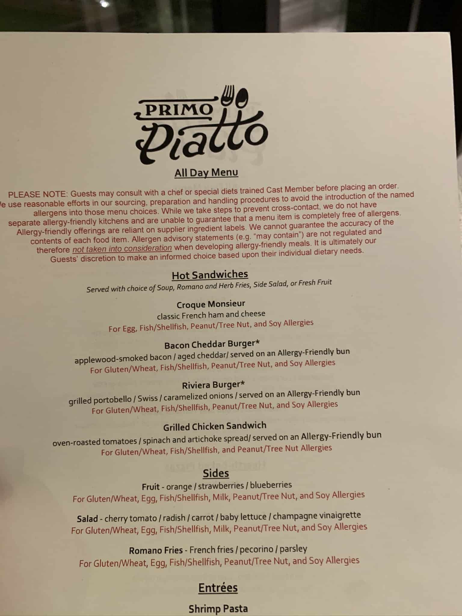 Primo Piatto at Riveria Resort Food Allergy Menu - Mouse Ear Memories