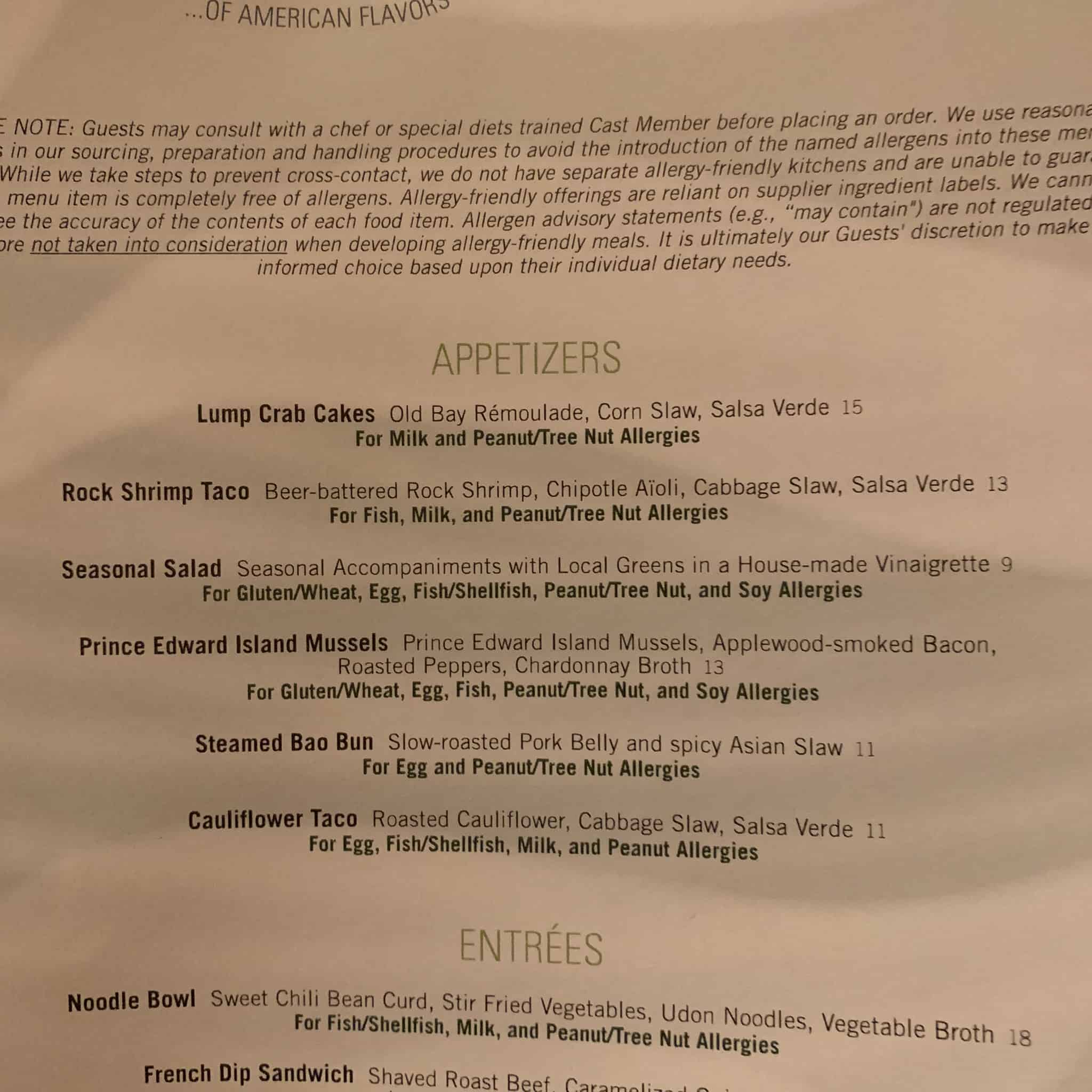 The Wave- Food Allergy Menu at The Contemporary Resort - Mouse Ear Memories