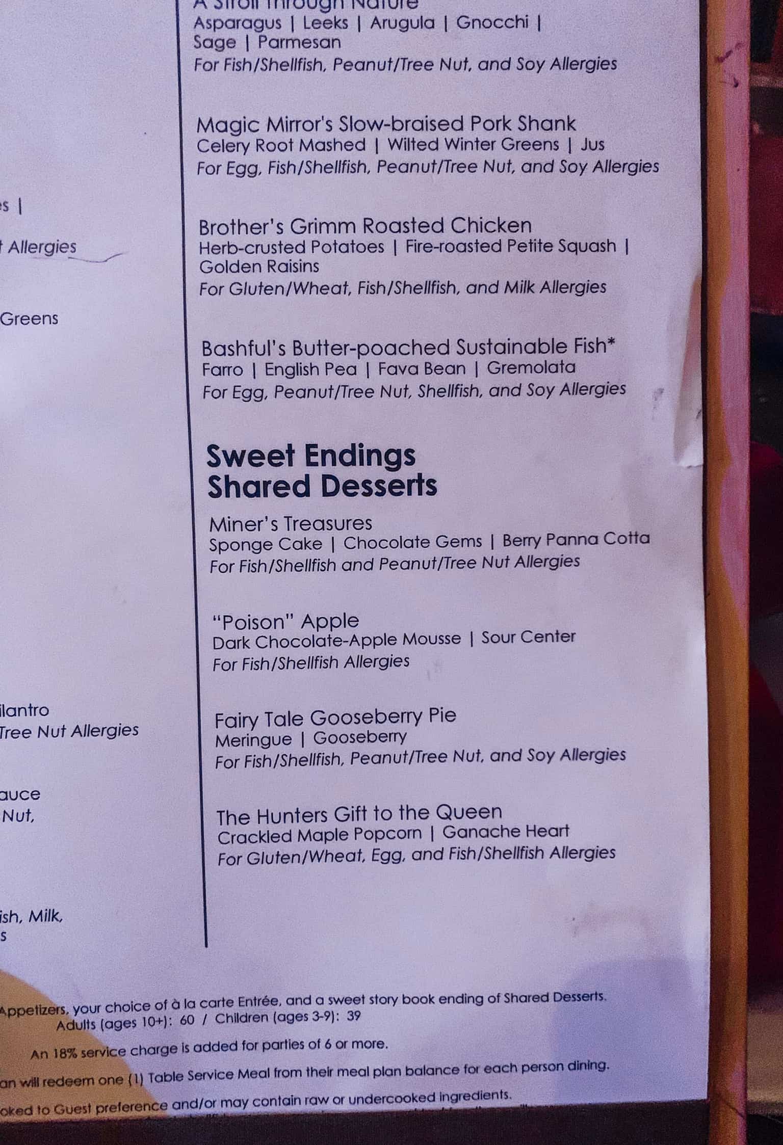 StoryBook Dining Allergy Menu and Review - Mouse Ear Memories