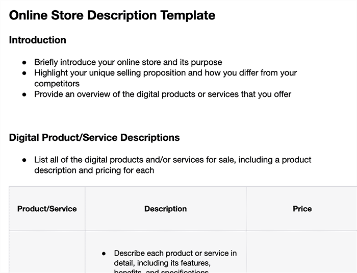 products and services description example