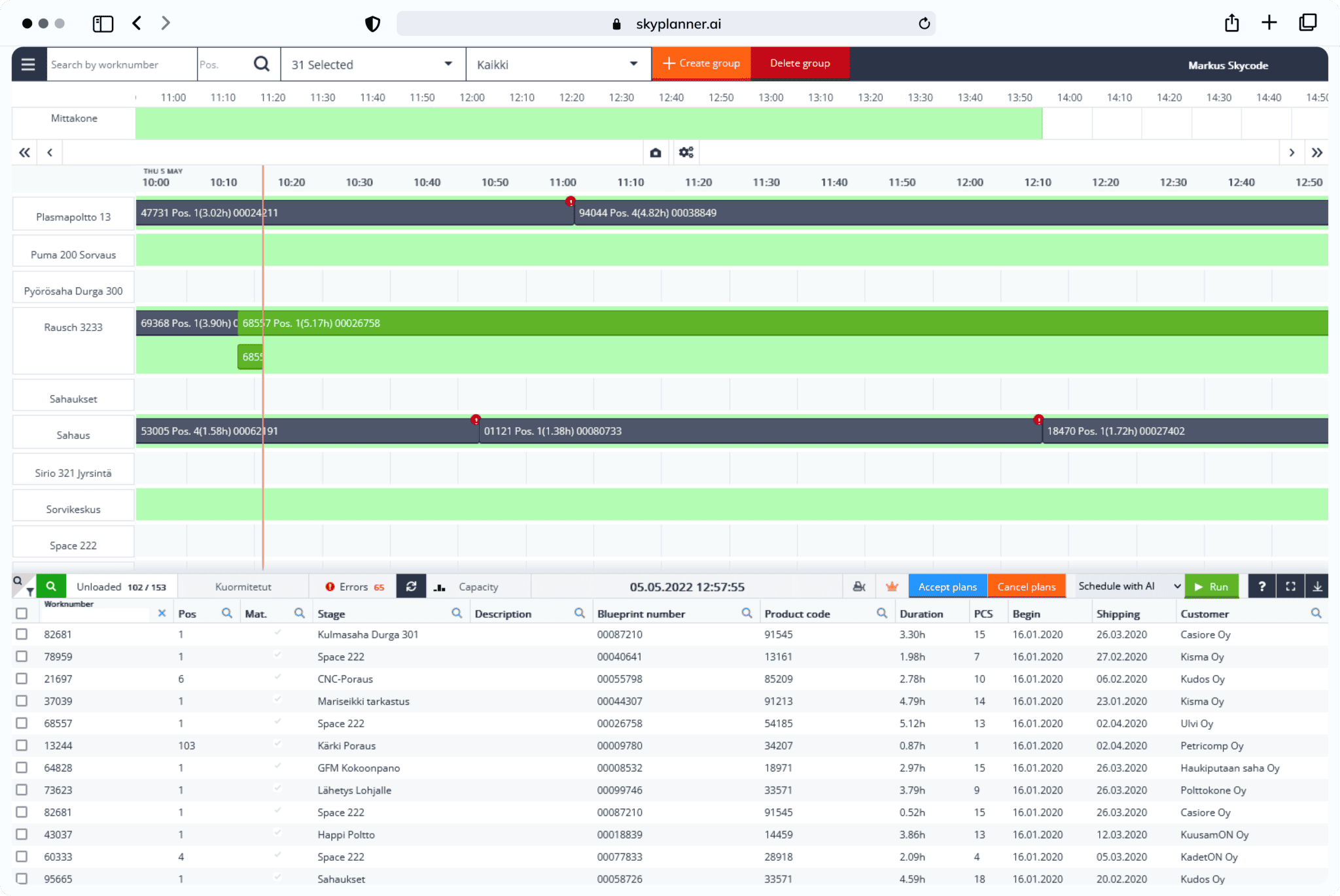 Production scheduling with artificial intelligence - SkyPlanner APS