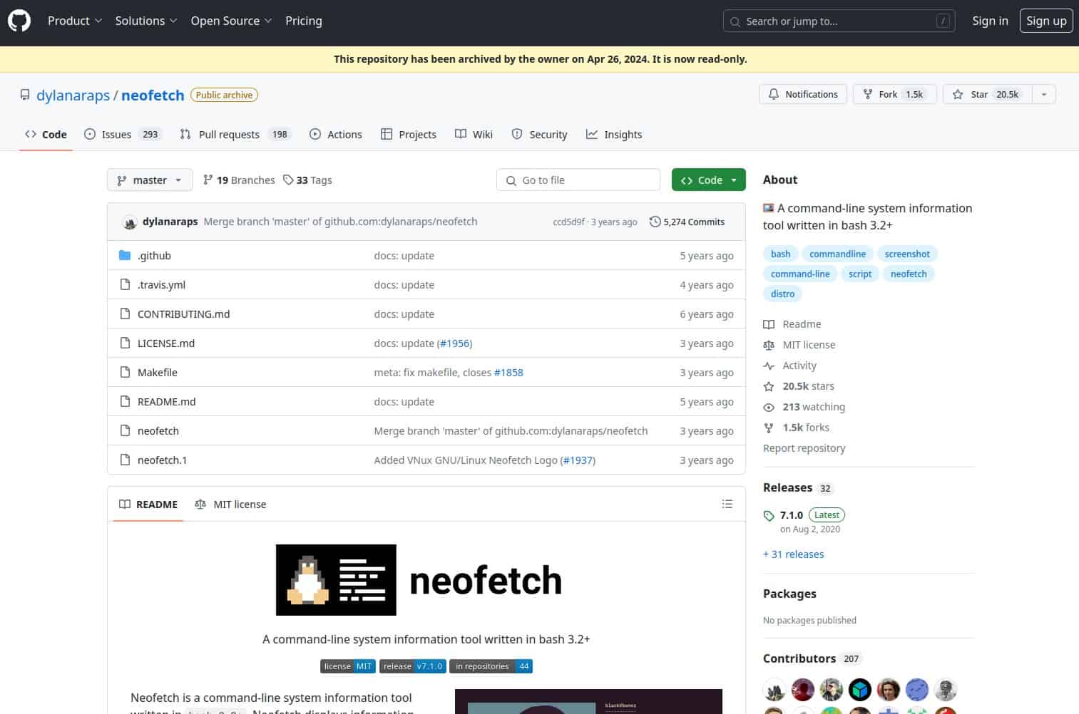 Neofetch Journey Ends, Repository Now Archived