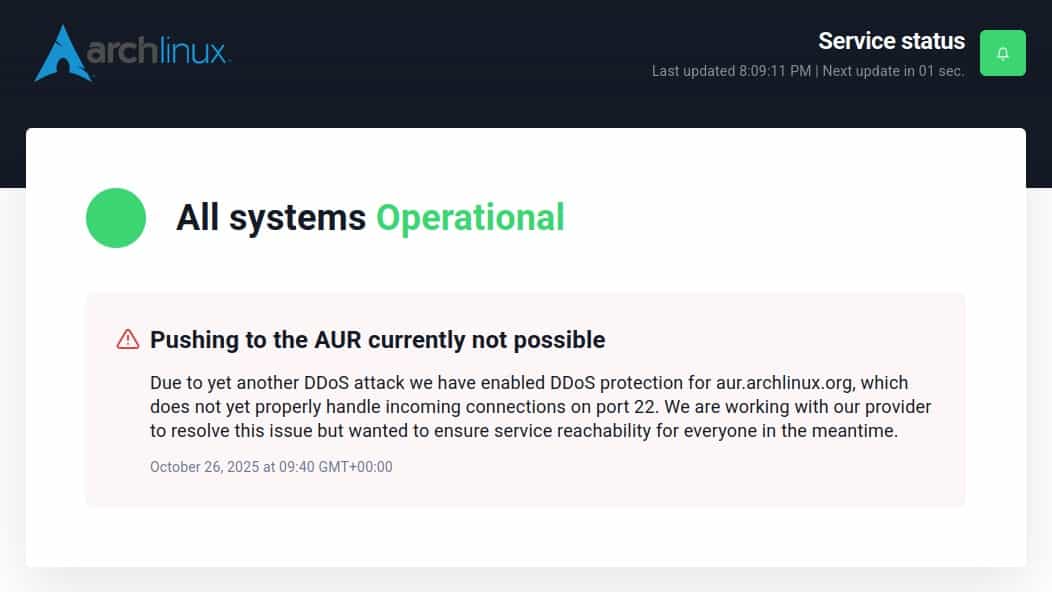 Arch Linux AUR再次遭受DDoS攻击，22端口访问中断