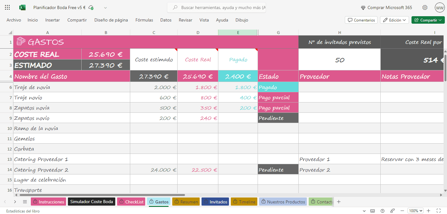 PLANTILLA EXCEL GESTIÓN BODA - MOLABODA.COM INVITACIONES DE BODA DIGITALES