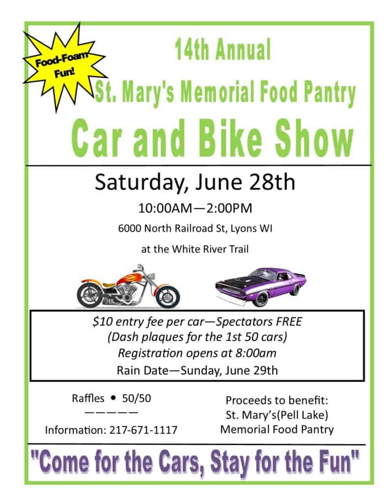 14th Annual St. Mary's Memorial Food Pantry Car and Bike Show – Lyons, WI | CarCruiseFinder