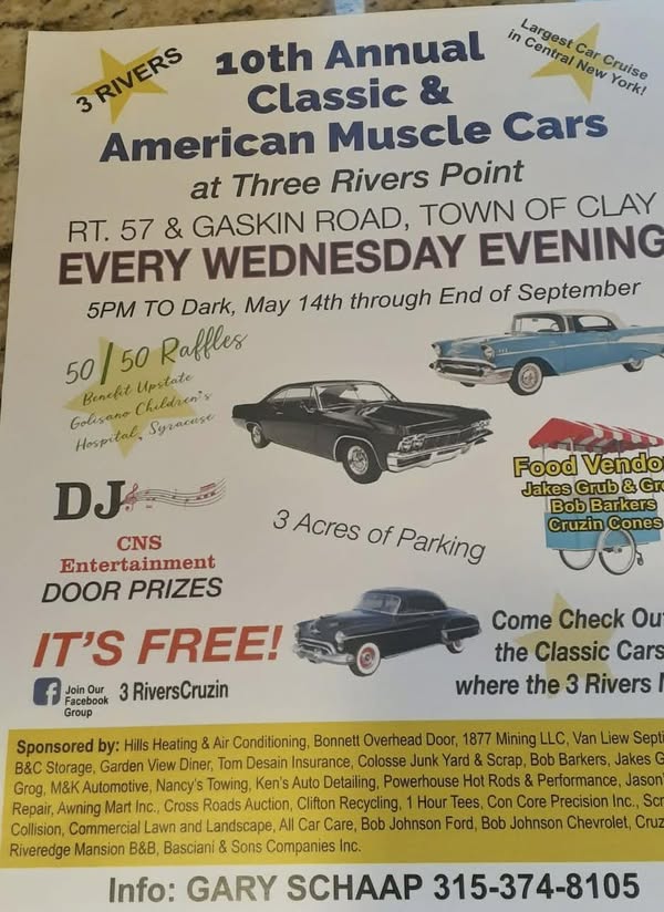 3 Rivers 10th Annual Classic Car Cruise – Clay, NY | CarCruiseFinder