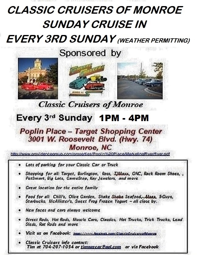 Classic Cruisers of Monroe Sunday Cruise-In – Monroe, NC | CarCruiseFinder