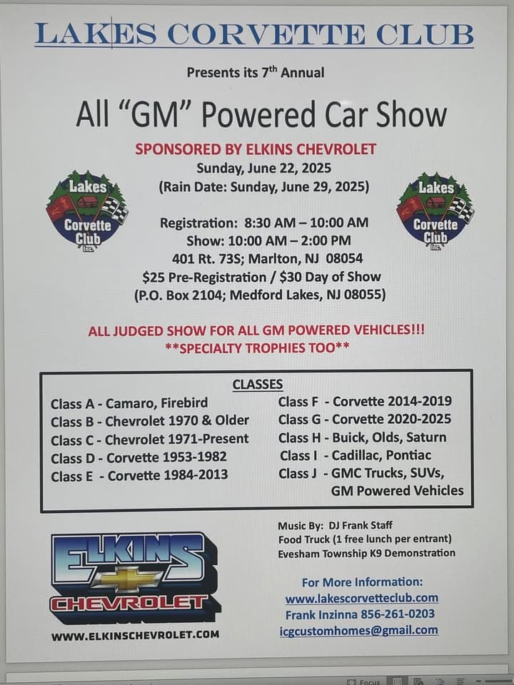 Lakes Corvettes Car Show – Marlton, NJ | CarCruiseFinder