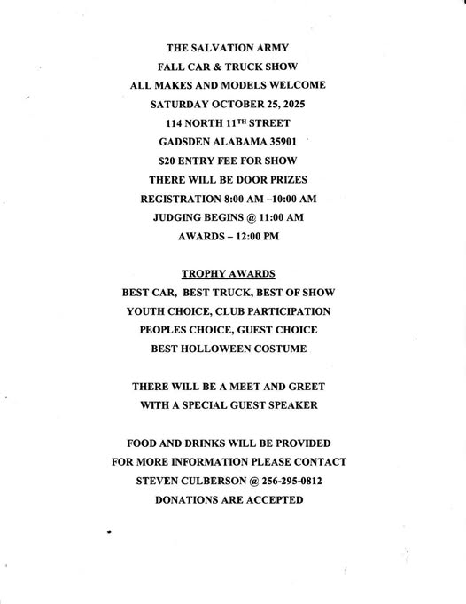 The Salvation Army Fall Car & Truck Show – Gadsden, AL | CarCruiseFinder