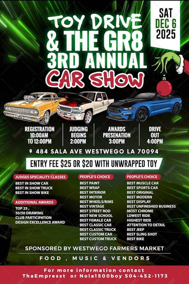 The GR8 3rd Annual Toy Drive & Car Show 2025 – Westwego, LA ...