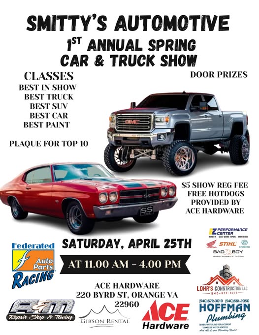 Smitty's Automotive 1st Annual Spring Car & Truck Show – Orange, VA ...