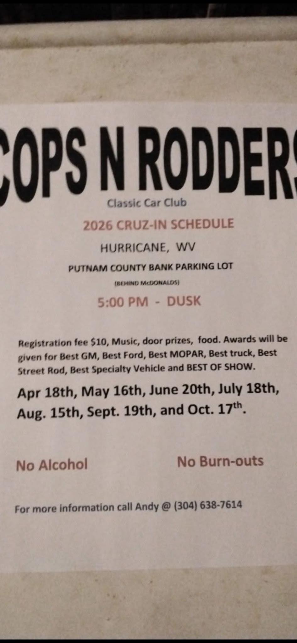 Cops N Rodders Classic Car Club 2026 Cruz-In Schedule – Hurricane, WV ...