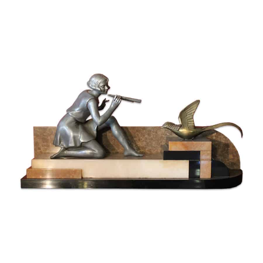French Art Deco Lady & Bird Figurine on Onyx Base - Clyde on 4th ...