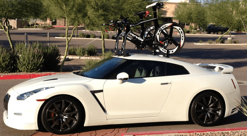 Nissan GTR with a SeaSucker Mini Bomber Bike Rack 2-Bike Rack