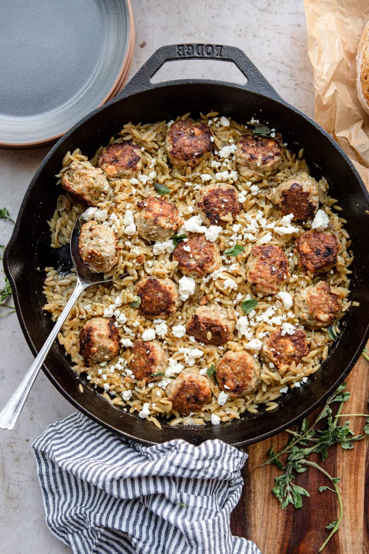 One Pan Greek Meatballs with Lemon Feta Orzo - Tastes of Thyme