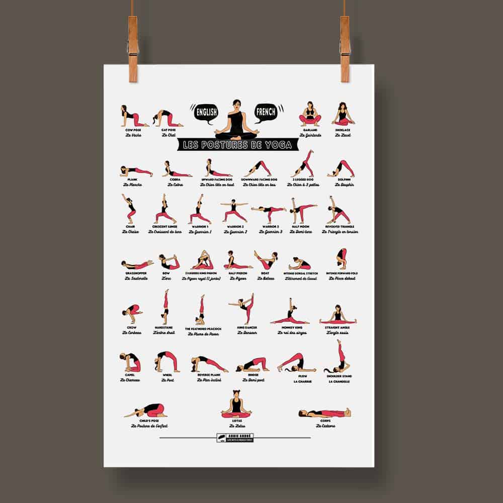 Free printable yoga poses in French & English with 39 Yoga Poses