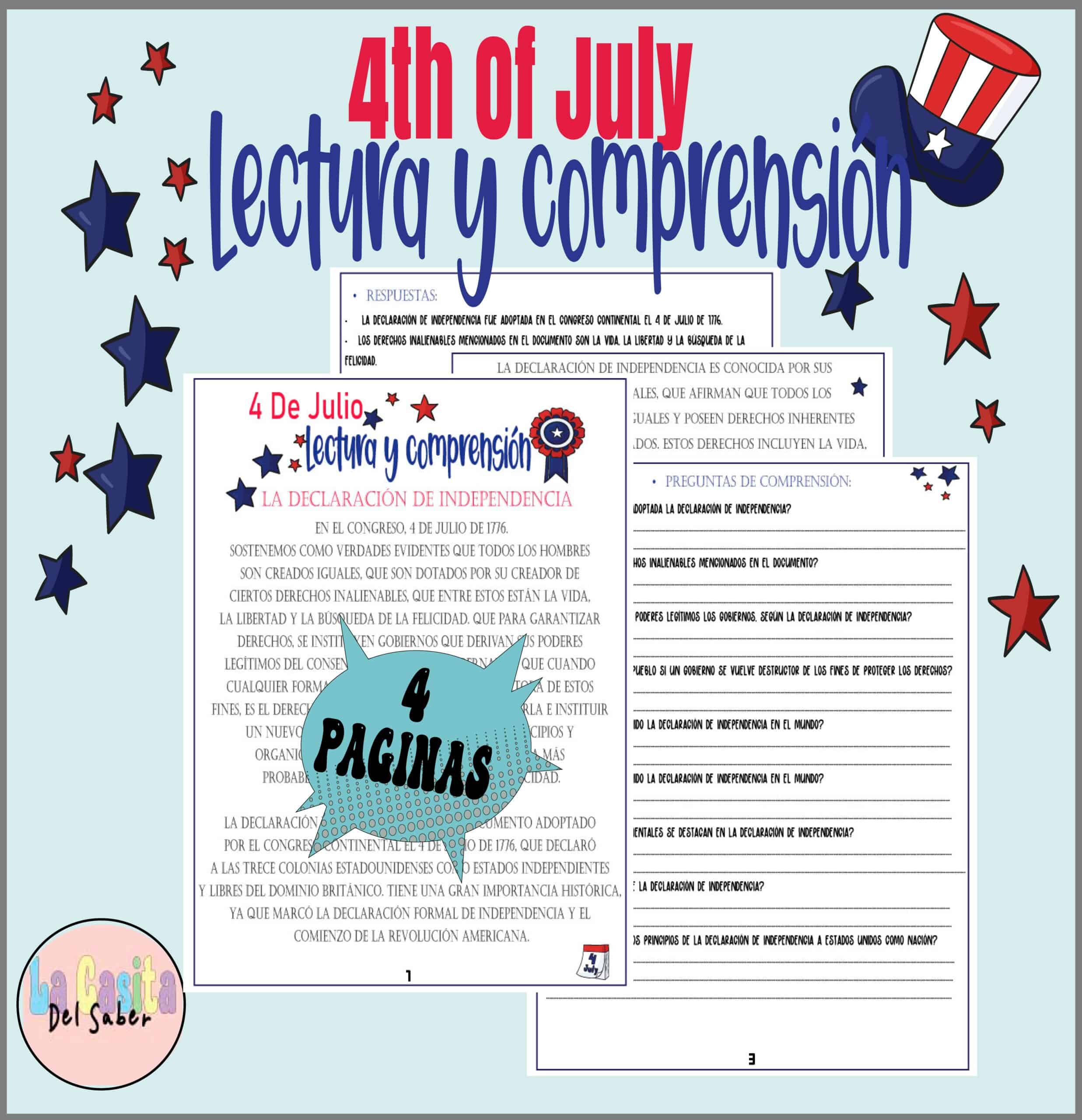 4th Of July Reading & Comprehension in Spanish| 4 De Julio Lectura y ...