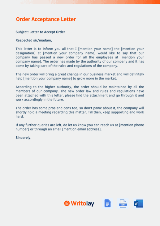 Order Acceptance Letter Dear Mr Chahal. ORDER CONFIRMATION We Are