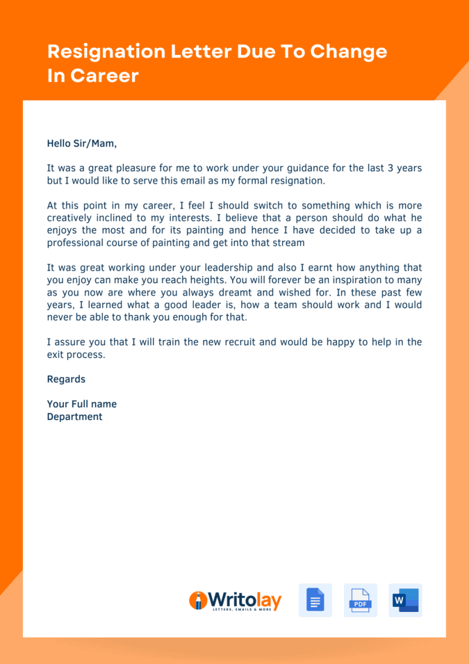 Letter Of Resignation Career Change