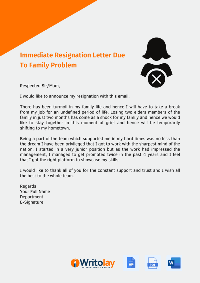 Resignation Letter For Family
