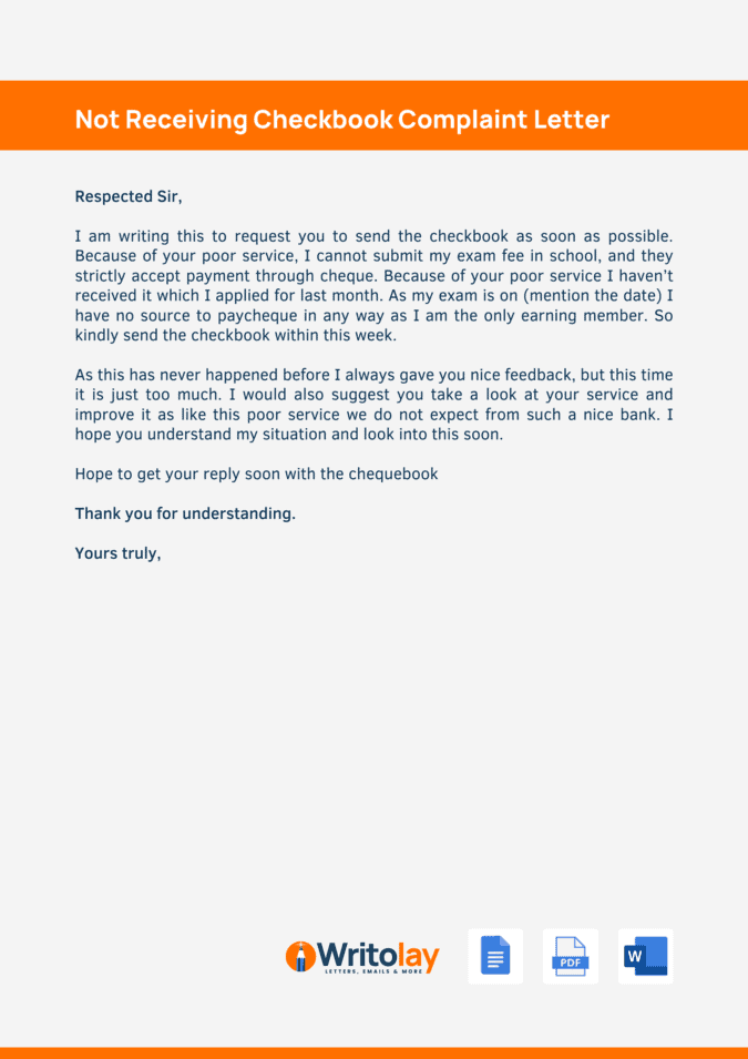 Cheque Book Request Letter Format