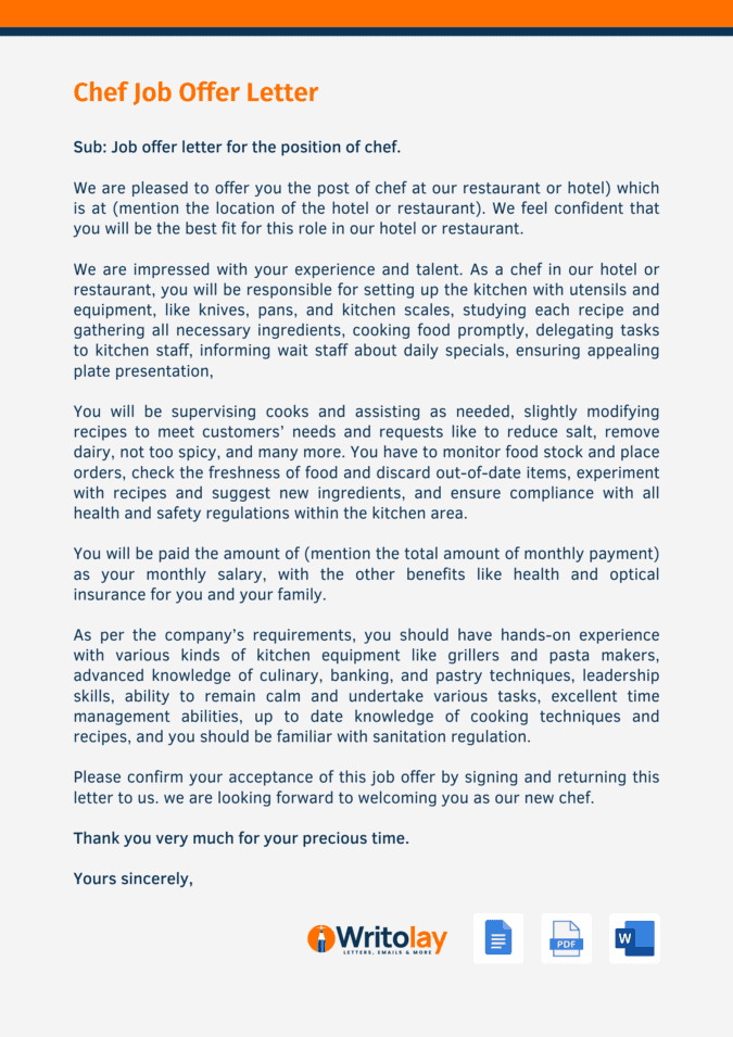 Sle Job Offer Letter For Chef Cook - Infoupdate.org