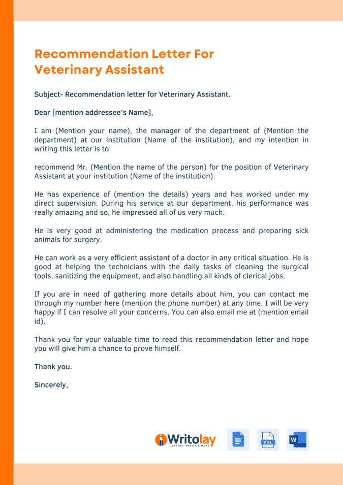 Veterinary Recommendation Letter Veterinary Technician Cover Letter