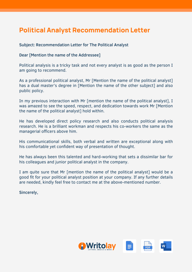 Recommendation Letter For Job From Politician