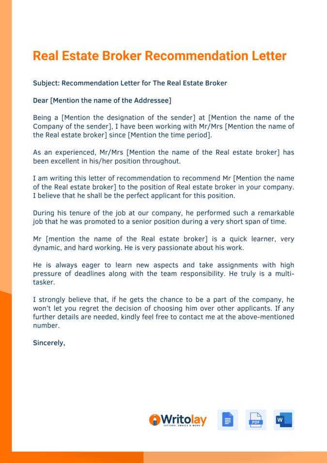 Real Estate Letter Of Recommendation